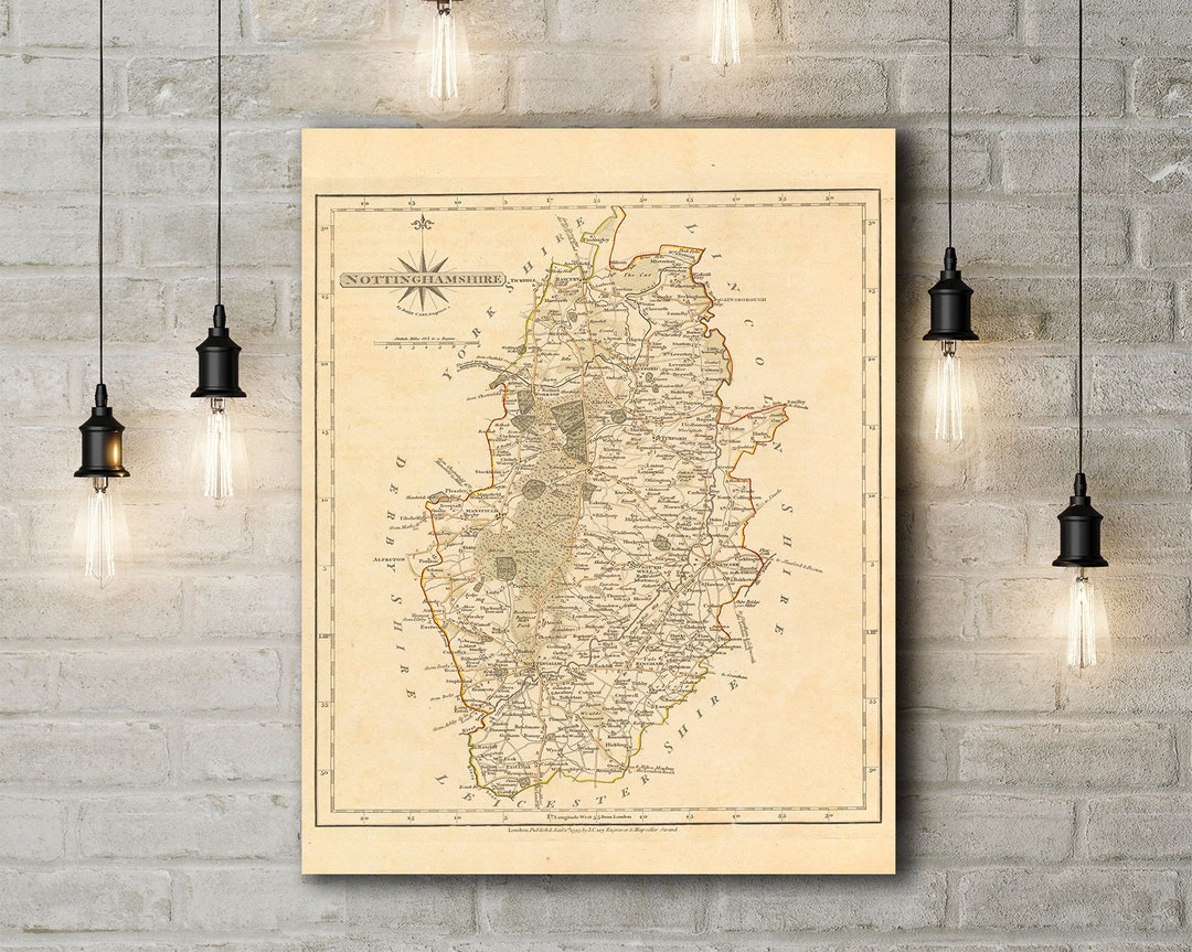 Canvas Art Print of A Map of Nottinghamshire, England 1793. Large ...