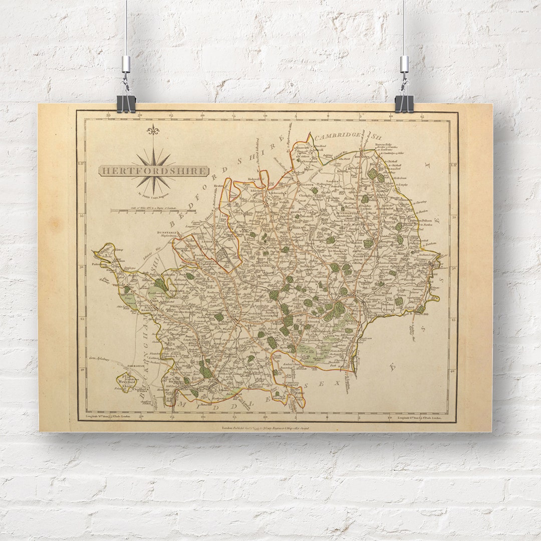 Map of Hertfordshire, England 1793. Vintage/antique Style Old Map Repro ...