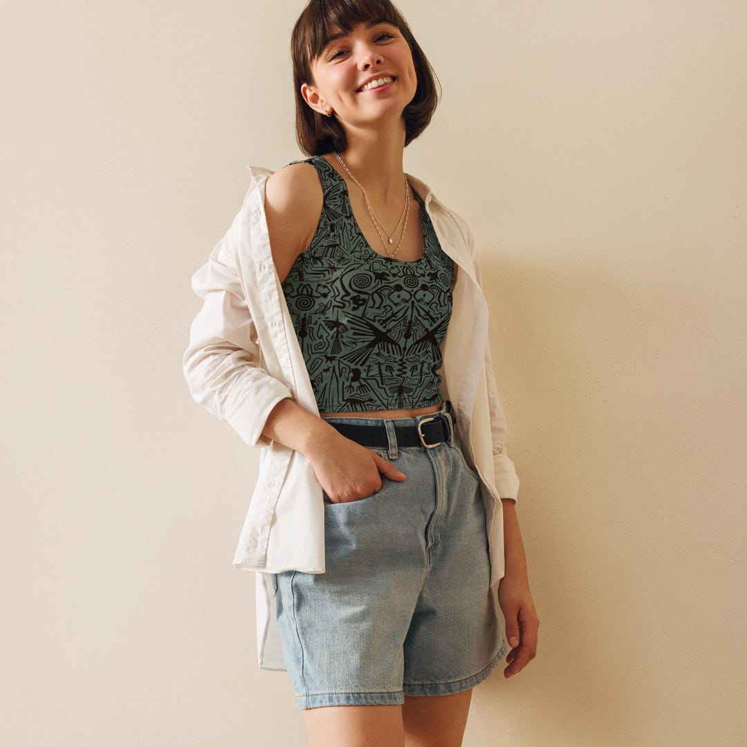 Nazca Lines Crop Top – Sage Green Ethnic Print Boho Shirt - Etsy