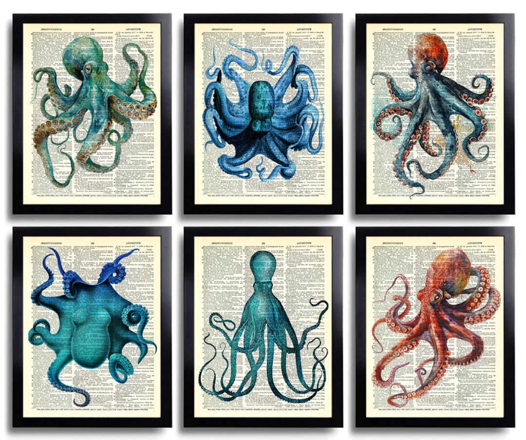 Octopus Art Print Set of 6 Prints Squid Gift Set Bathroom Wall Decor Sea Life Poster Octopus ...