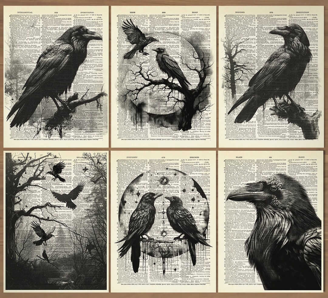 Raven Crow Print Set 6 Raven Wall Art Crow Poster Crow Wall Art Crow ...