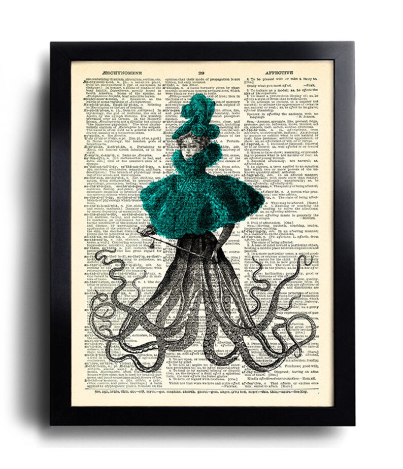 Victorian Squid Lady Art Print on Antique Book Page Art, Octopus Poster ...