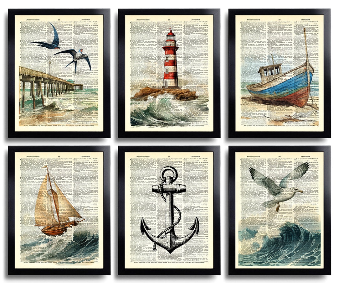 Blue Ocean Print Set of 6 Ocean Wall Art Vintage Lighthouse Decor ...
