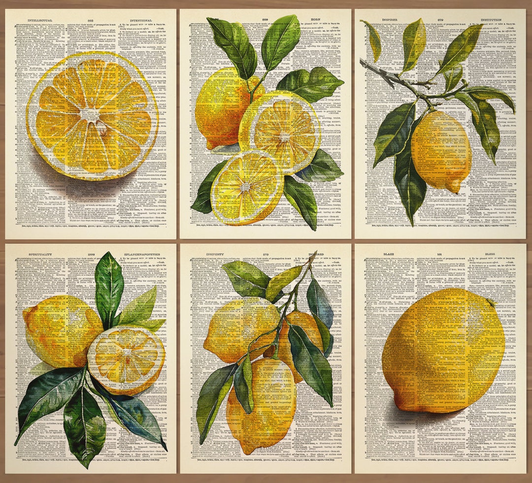 Lemon Print Set of 6 Lemon Wall Art Lemon Poster Lemon Painting Lemon ...