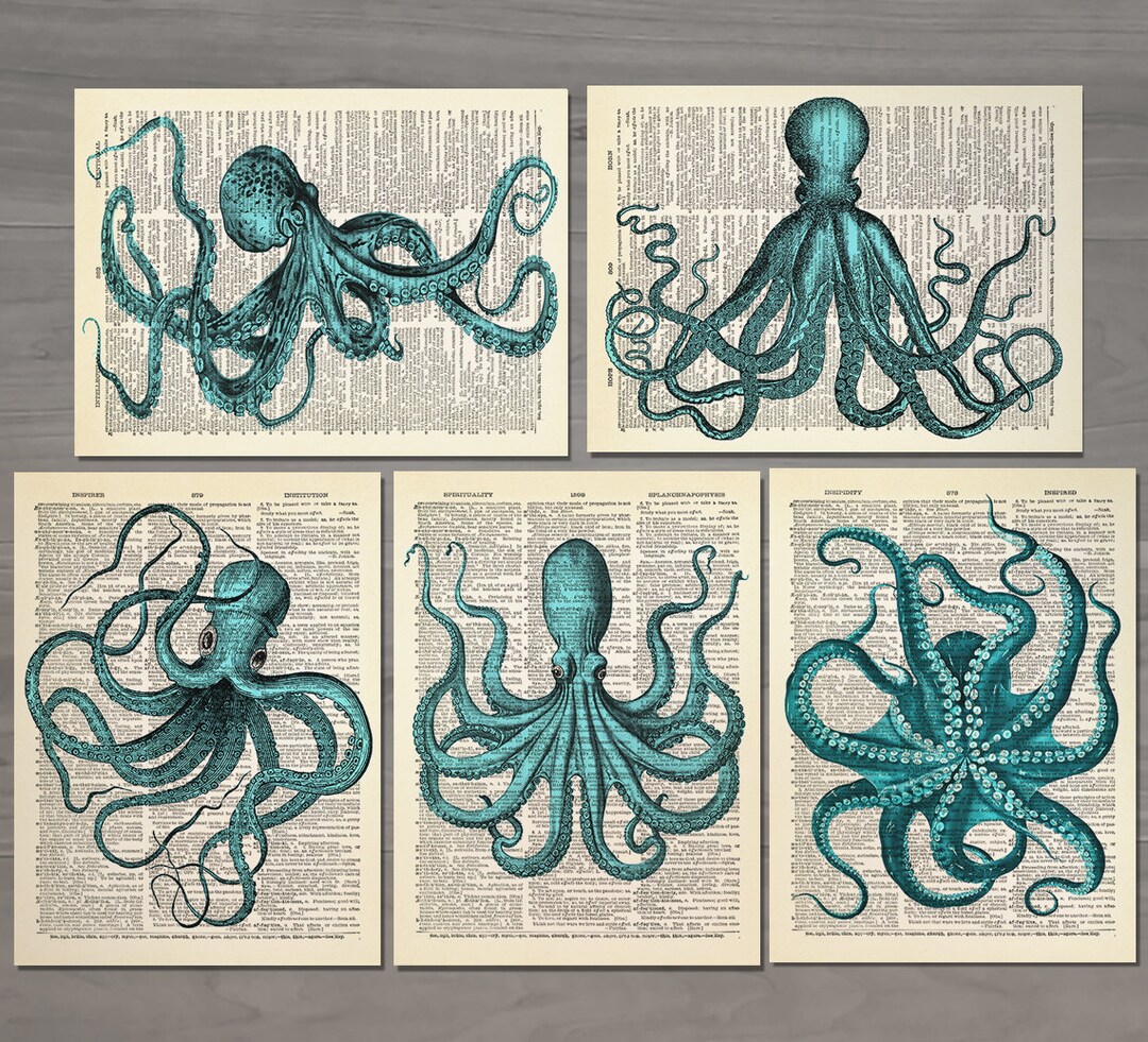 Octopus Prints Set of 5 Octopus Poster Octopus Print Squid Gift Set ...