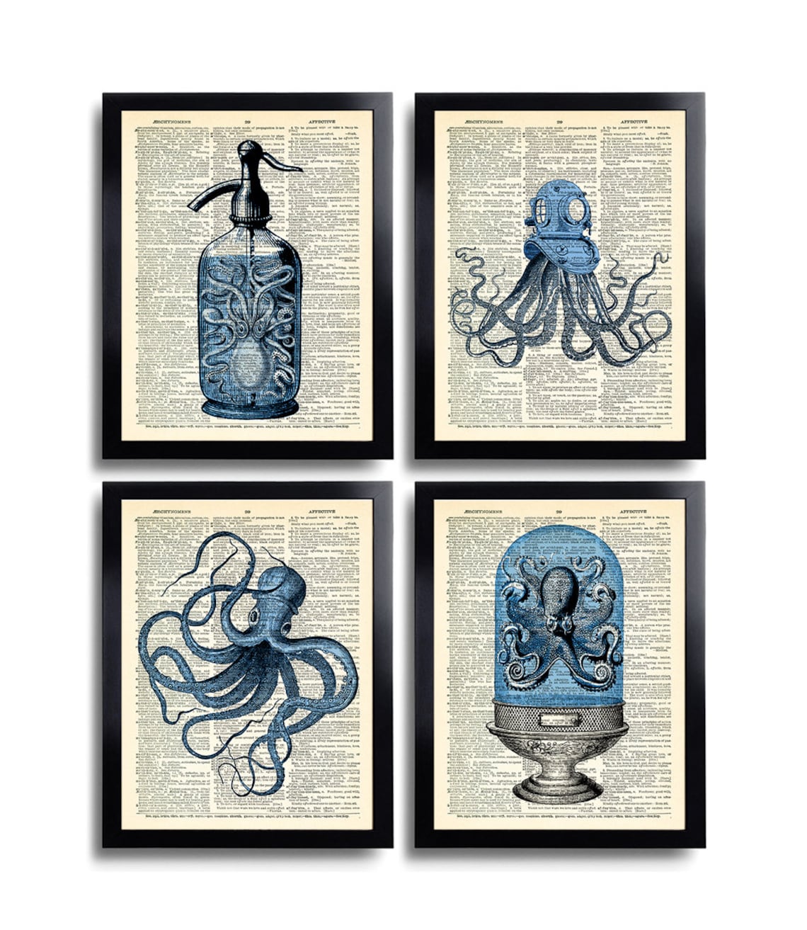 Octopus Art Octopus Poster Set of 4 Prints Squid Dictionary | Etsy