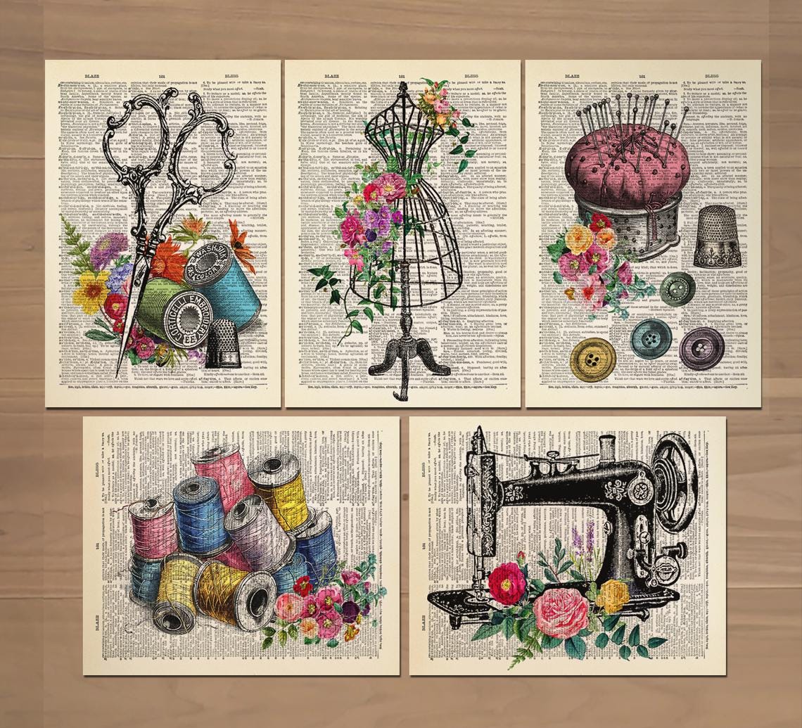 Sewing Print Set of 5 Sewing Poster Vintage Sewing Machine Poster Craft ...