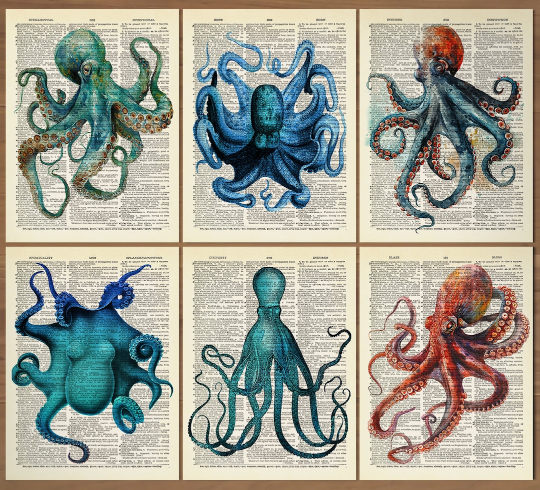 Octopus Art Print Set of 6 Prints Squid Gift Set Bathroom Wall Decor ...