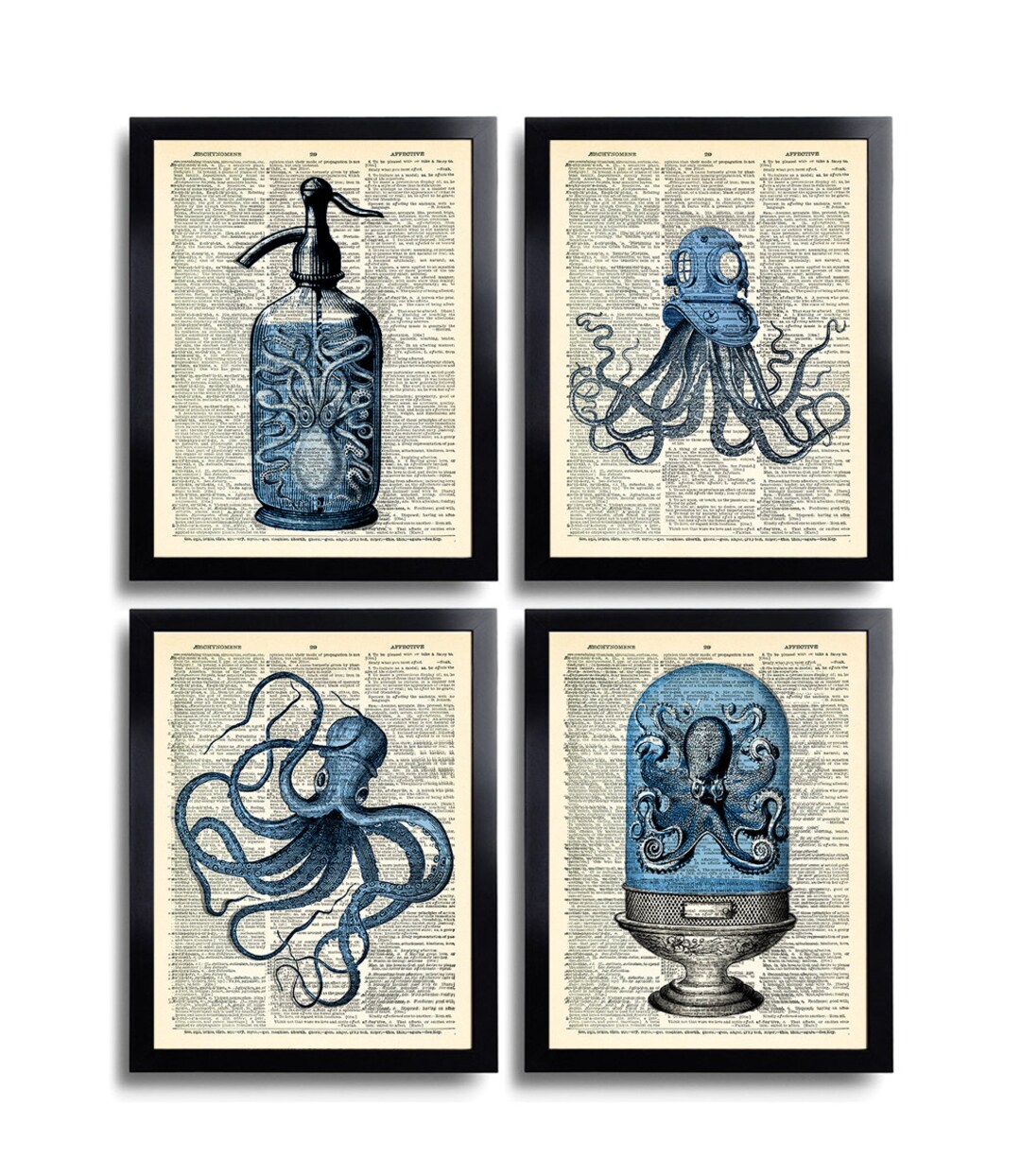 Octopus Art Octopus Poster Set of 4 Prints Squid Dictionary Print Gift ...