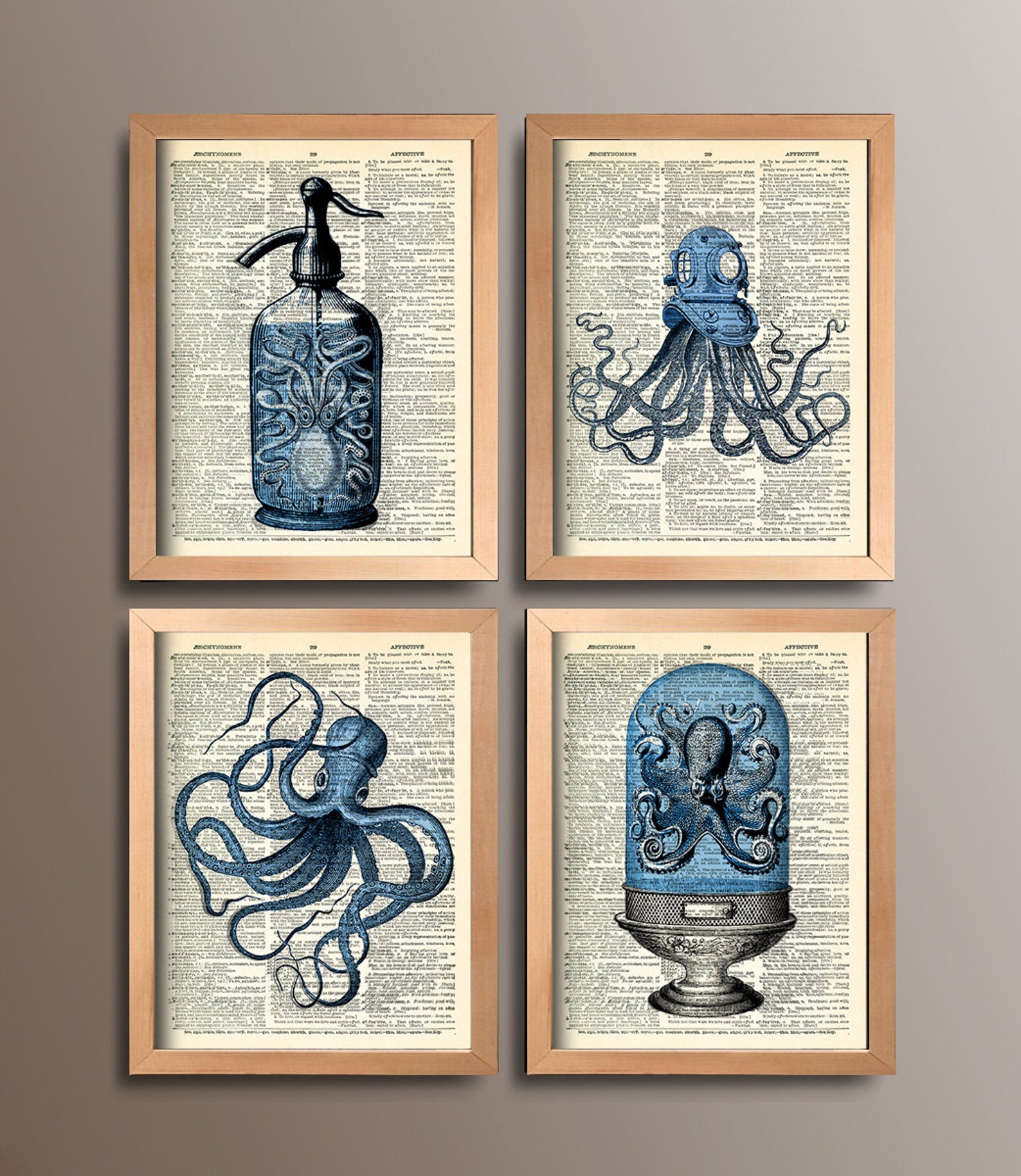 Octopus Art Octopus Poster Set of 4 Prints Squid Dictionary Print Gift ...