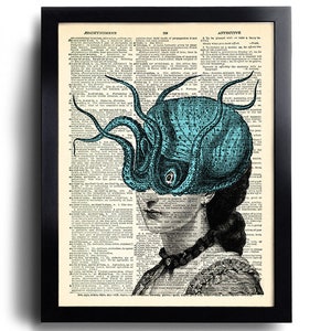 Octopus Lady Art Print, Victorian Lady Antique Book Page Art, Squid ...