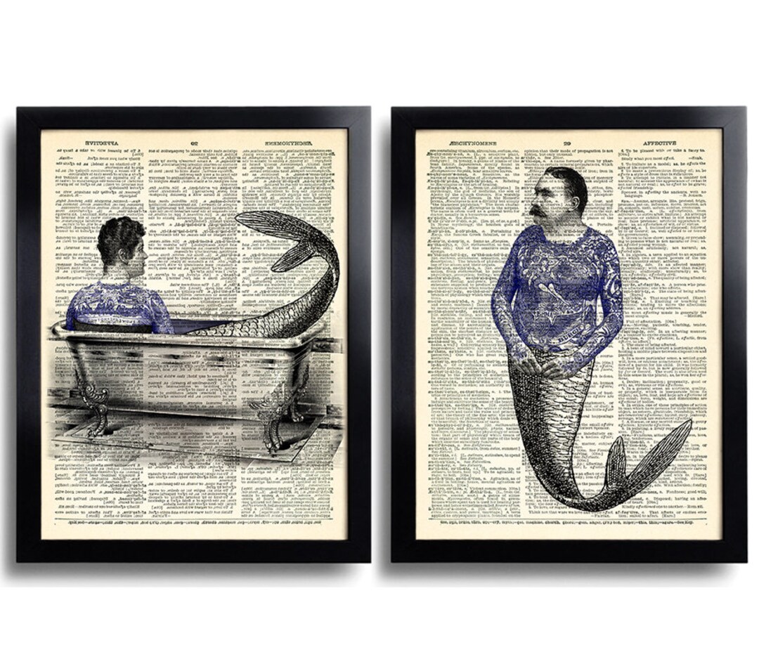 Tattooed Mermaid Couple Art Print Set of 2 Mermaid Poster Wedding Gift ...