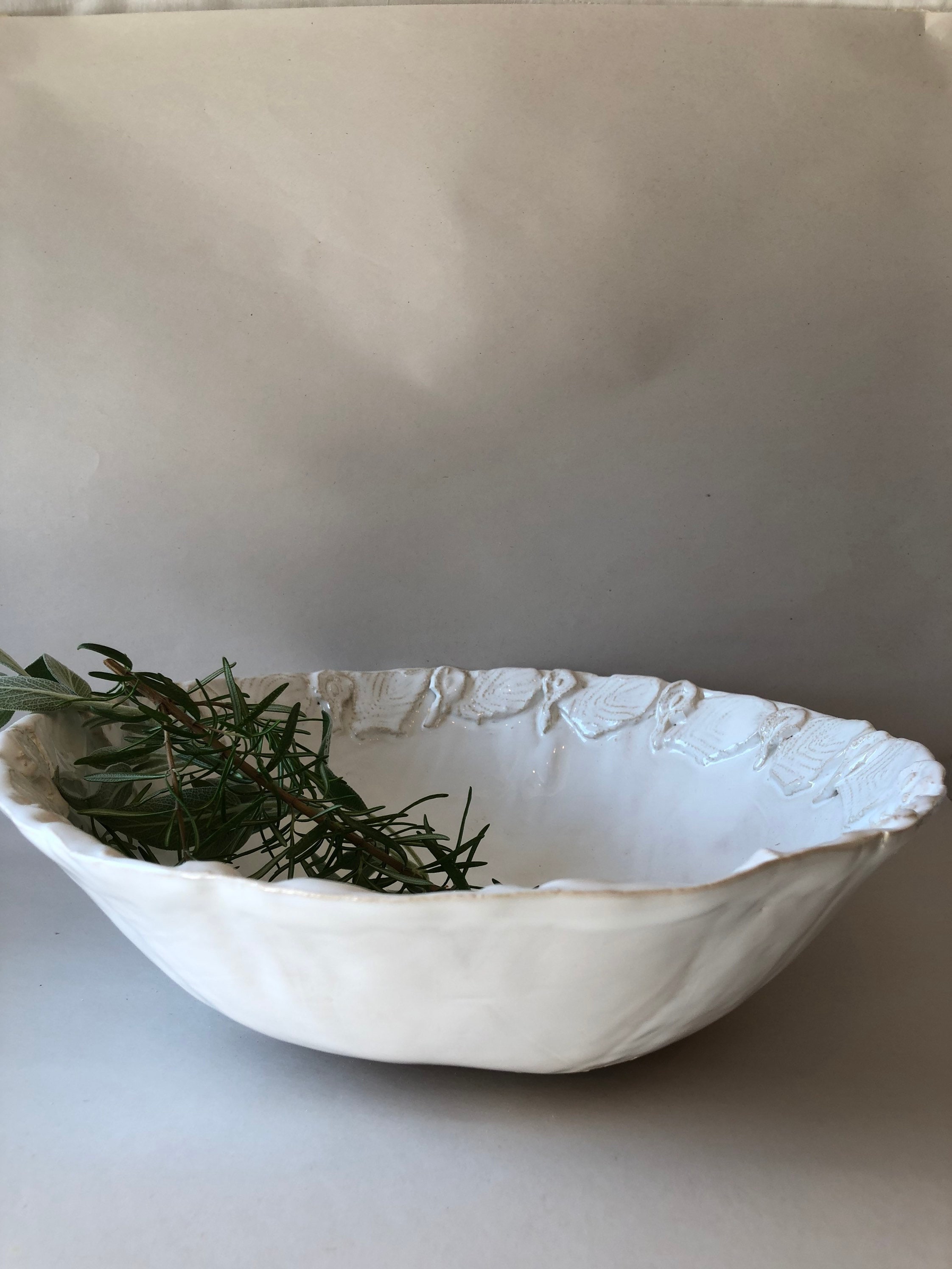 Large White Ceramic Bowl With Leaf Pattern White Handmade Bowl Salad ...