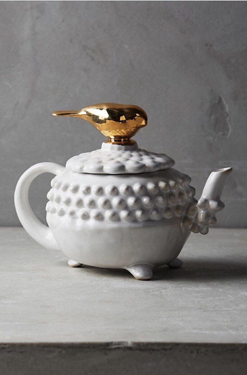 White Ceramic Teapot With Bird Lid porcupine Pattern Pottery Teapot ...