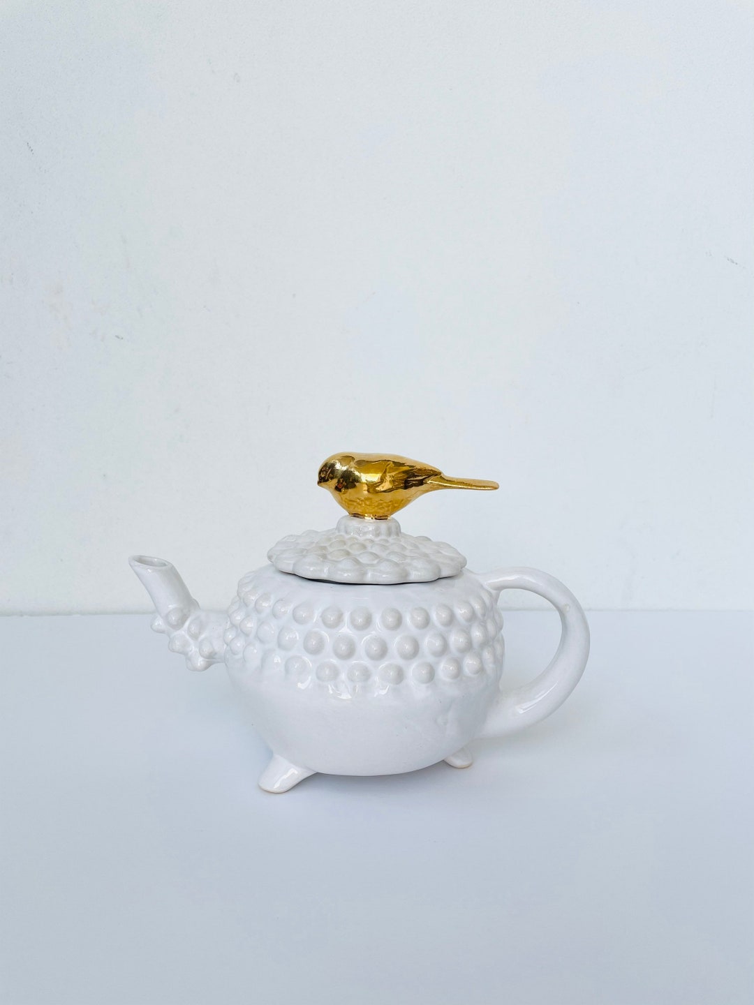 White Ceramic Teapot With Bird Lid |porcupine Pattern| Pottery Teapot ...