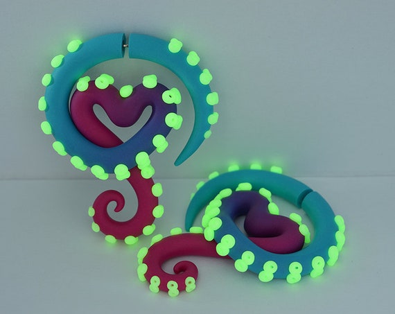 Glow Tentacle Earrings Octopus Fake Gauges and Real Plugs Ear | Etsy