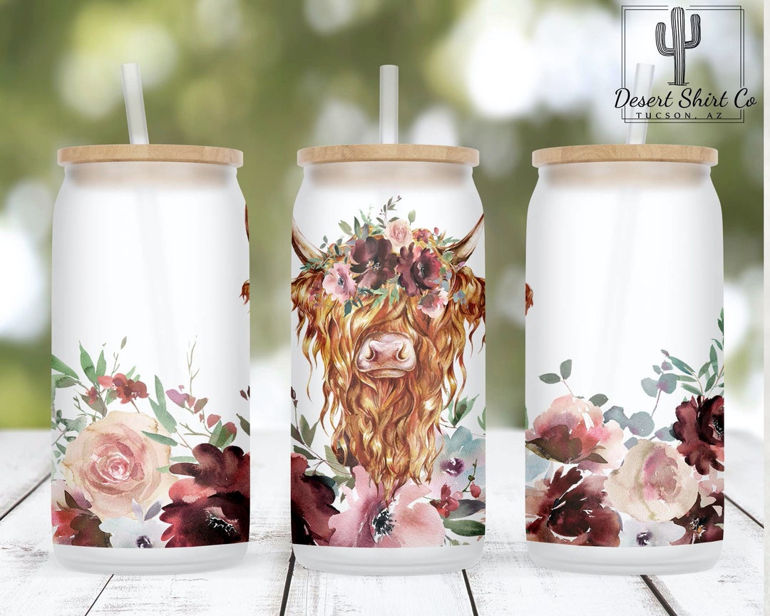 Highland Cow Cup / Floral Highland Cow / Frosted Glass Can Cup With Lid ...