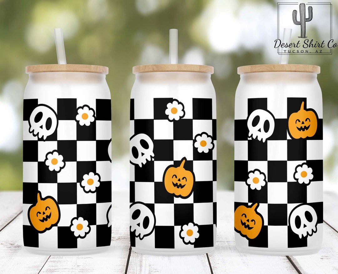 Halloween Retro Checker Print / Skeleton Mug / Frosted Glass Can Cup ...
