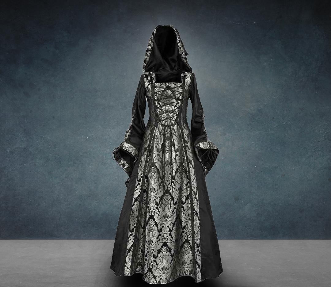 Alluring Damsel Dress With Hood – Black With Silver, Medieval Fantasy ...