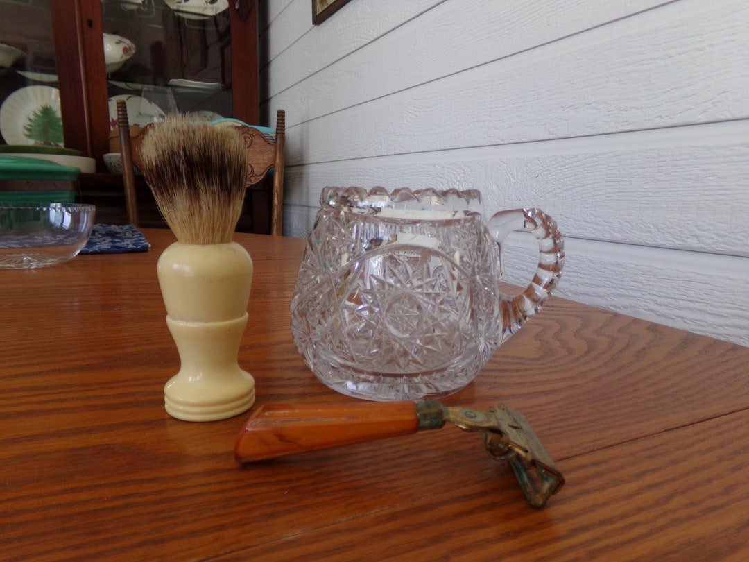 American Brilliant Cut Glass Shaving Mug With Razor and Shaving Brush ...