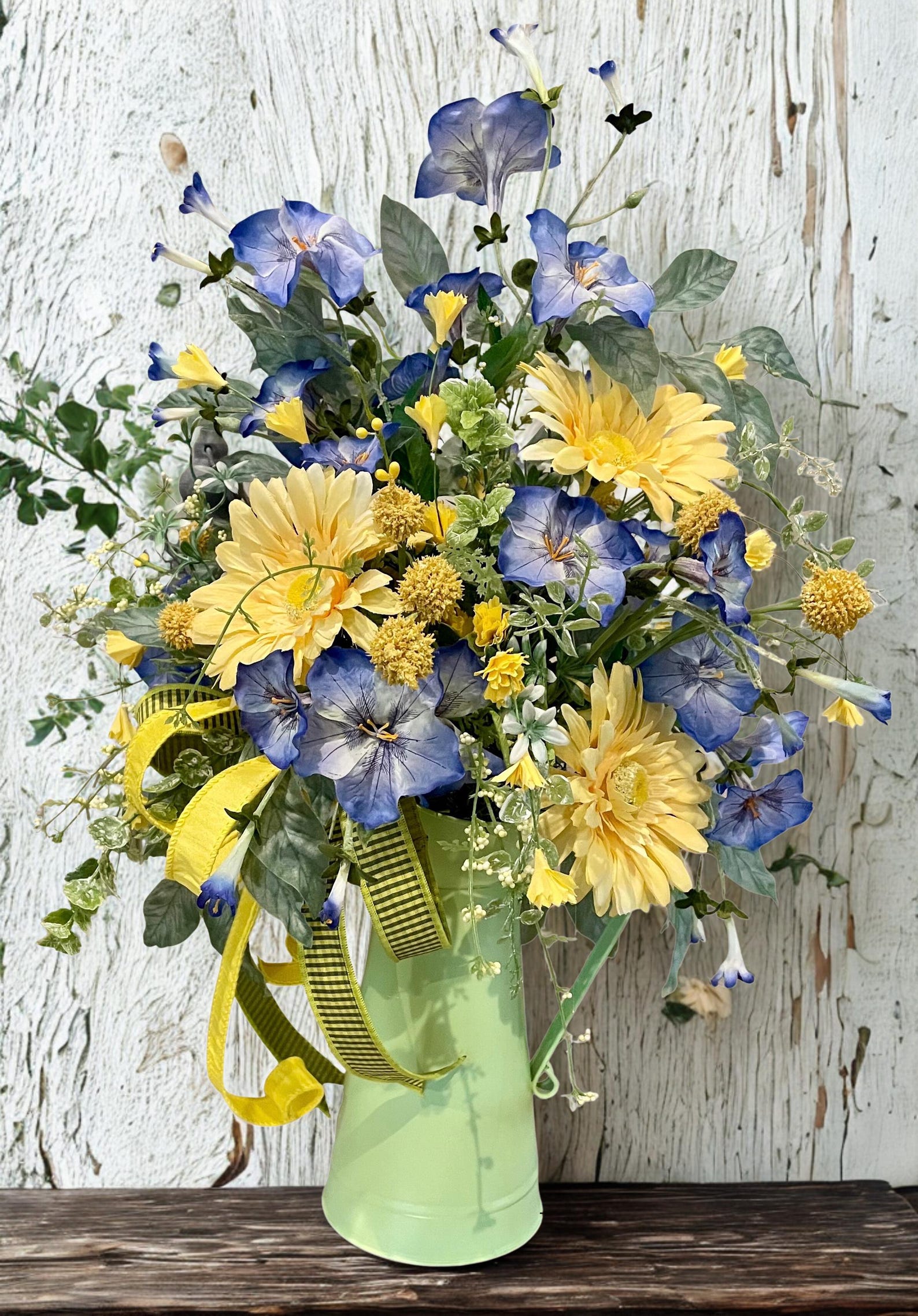 French Country Floral Arrangement: Blue, Yellow Daisies in Green ...