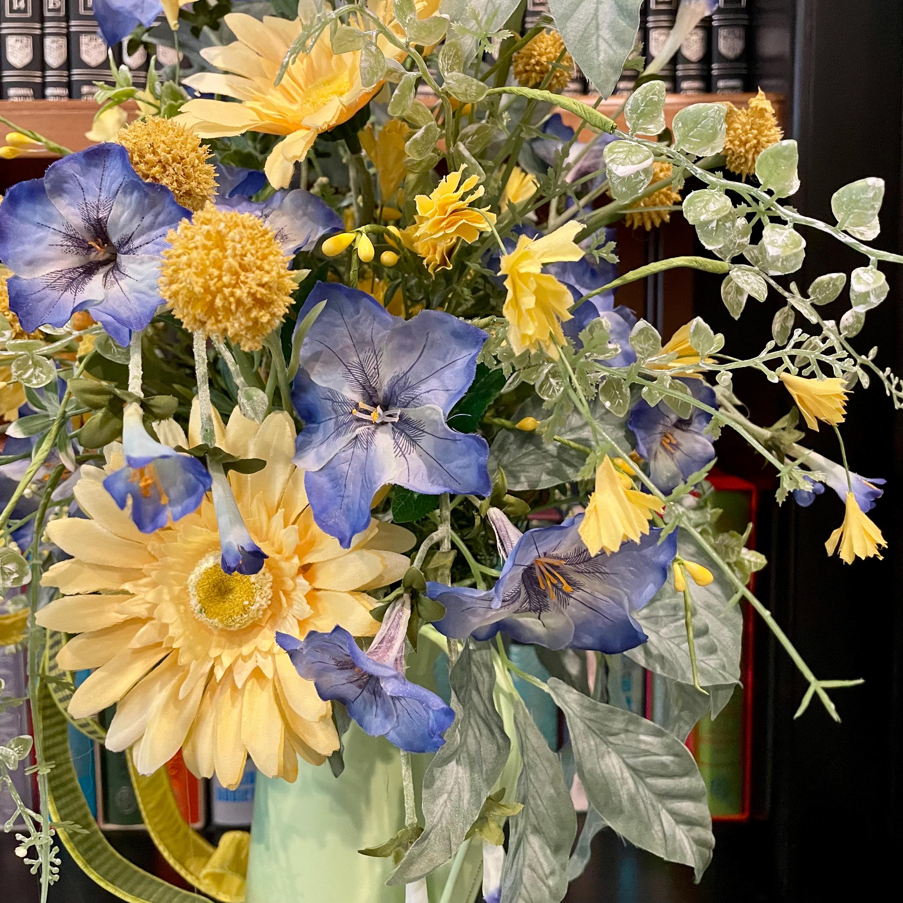 French Country Floral Arrangement: Blue, Yellow Daisies in Green ...
