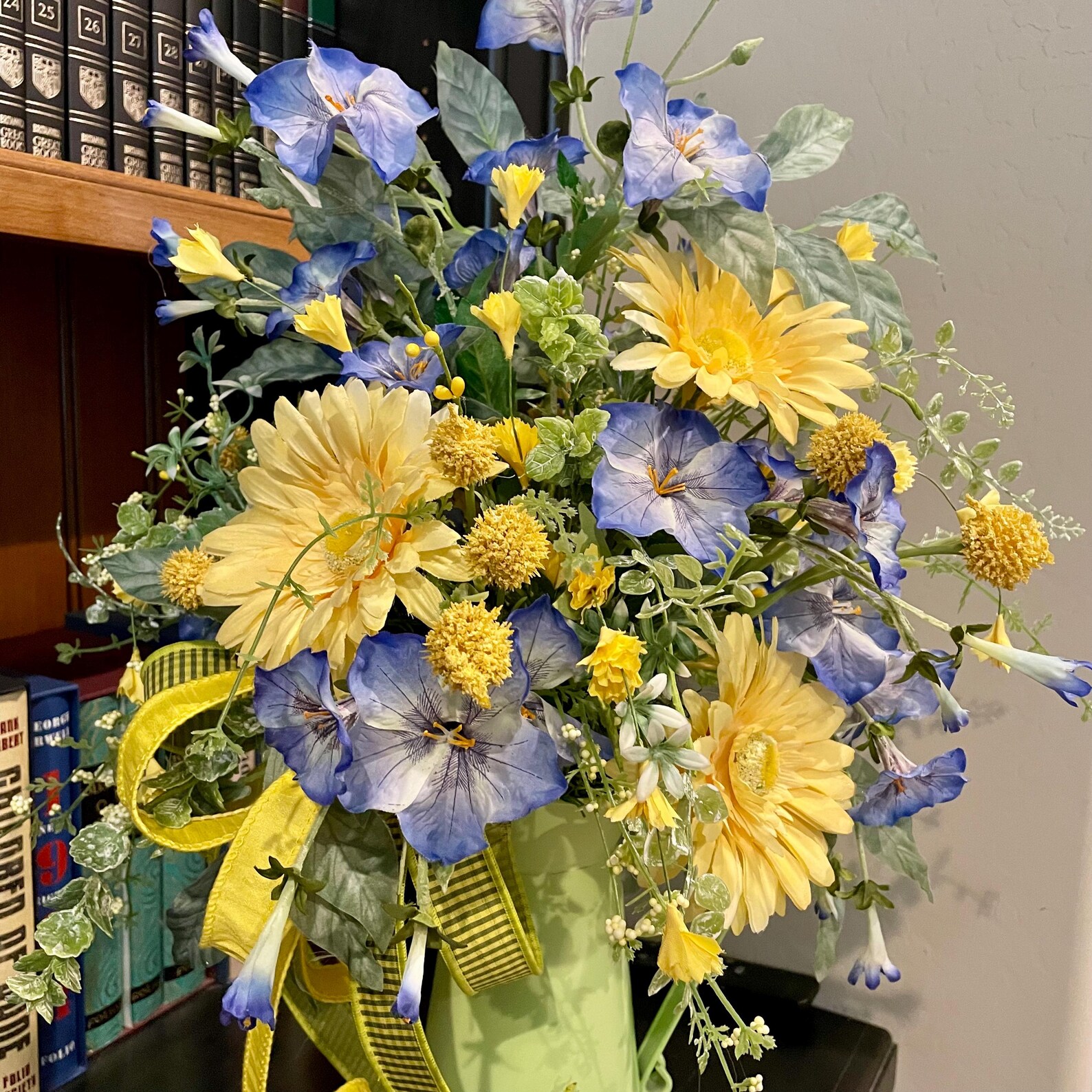 French Country Floral Arrangement: Blue, Yellow Daisies in Green ...