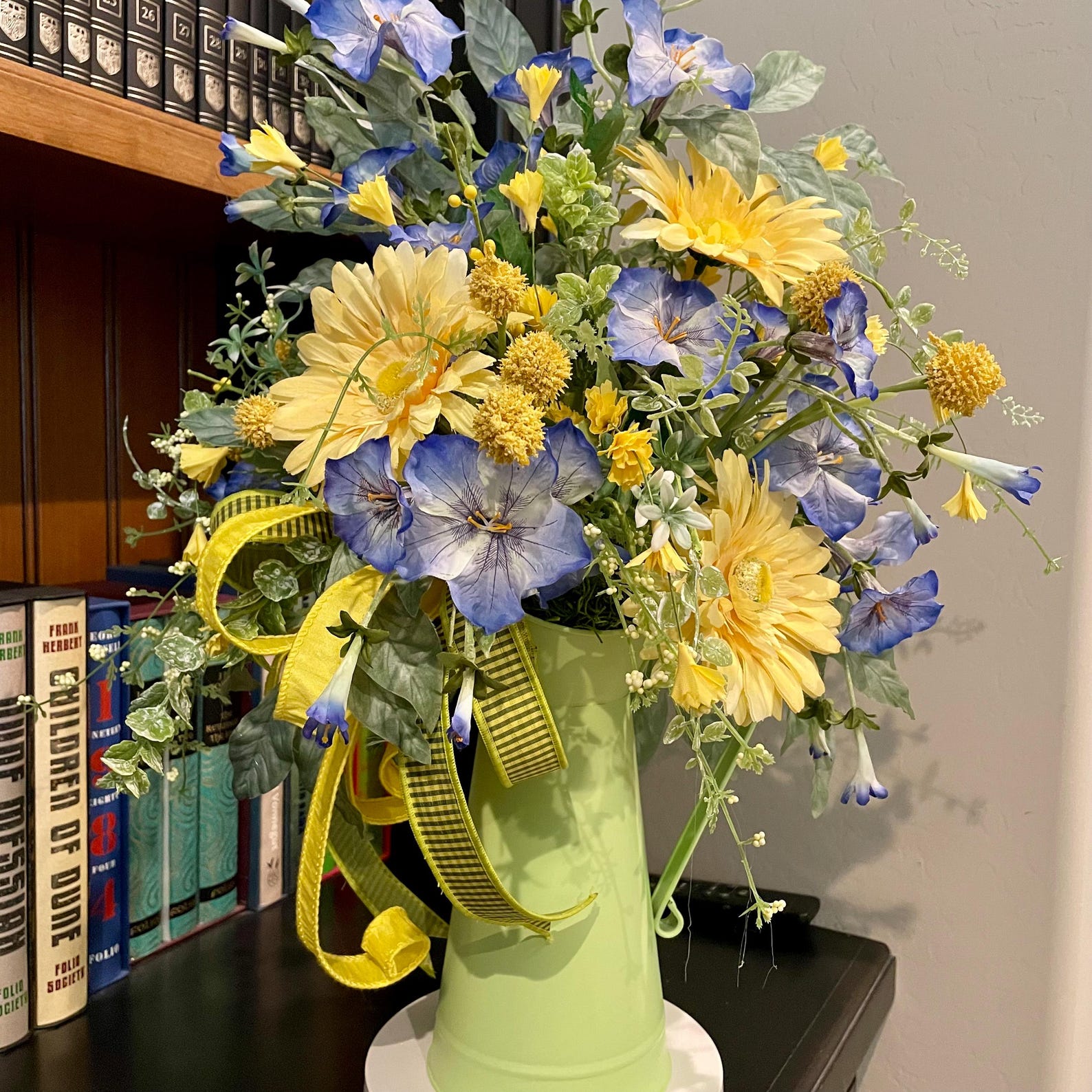 French Country Floral Arrangement: Blue, Yellow Daisies in Green ...