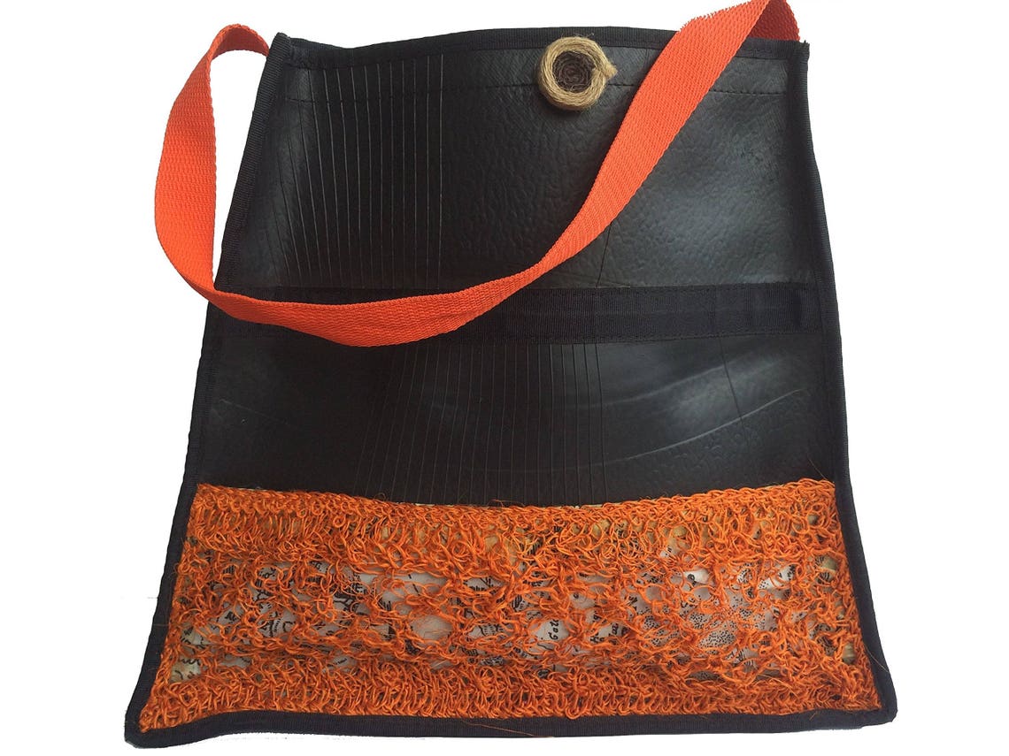 Recycled Inner Tube Rubber Tote Handbag, Crochet Shoulder Bag, Handmade ...