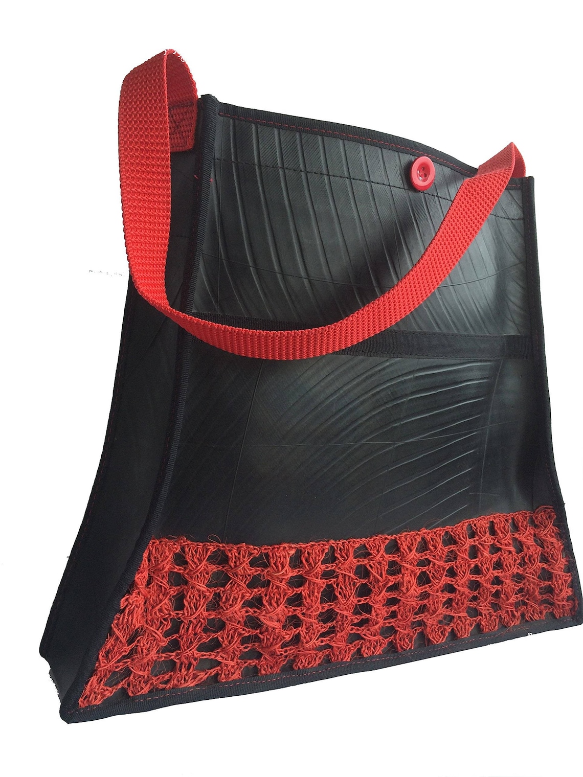 Recycled Inner Tube Rubber Tote Handbag, Crochet Shoulder Bag, Handmade ...