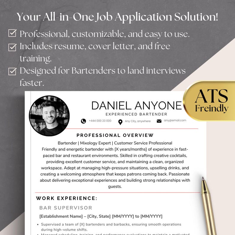 Professional Bartender Resume Template, Customizable for Hospitality ...