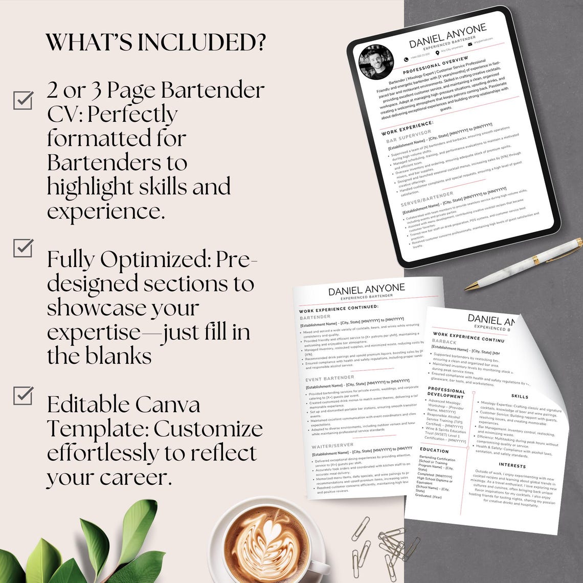 Professional Bartender Resume Template, Customizable for Hospitality ...