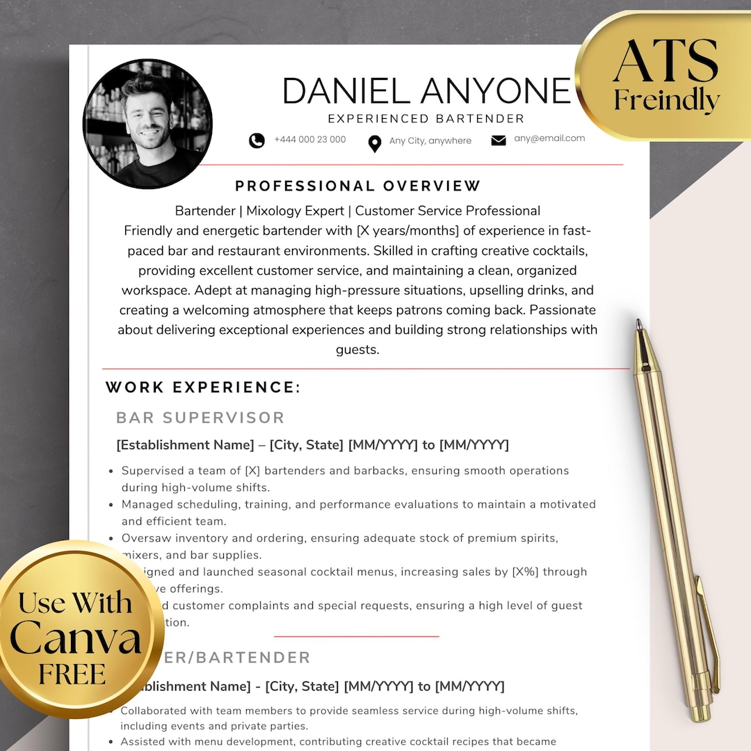Professional Bartender Resume Template, Customizable for Hospitality ...