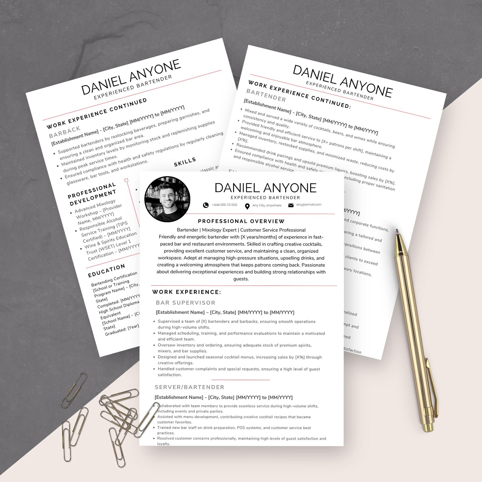 Professional Bartender Resume Template, Customizable for Hospitality ...