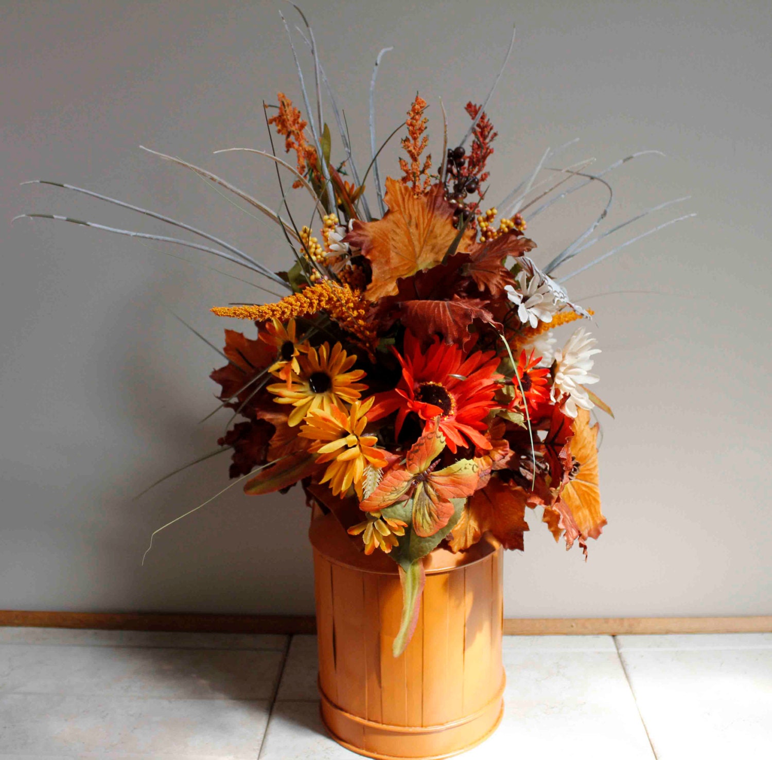 Fall Orange Tin Bucket With Orange Sunflowers and Orangebird item 272 ...