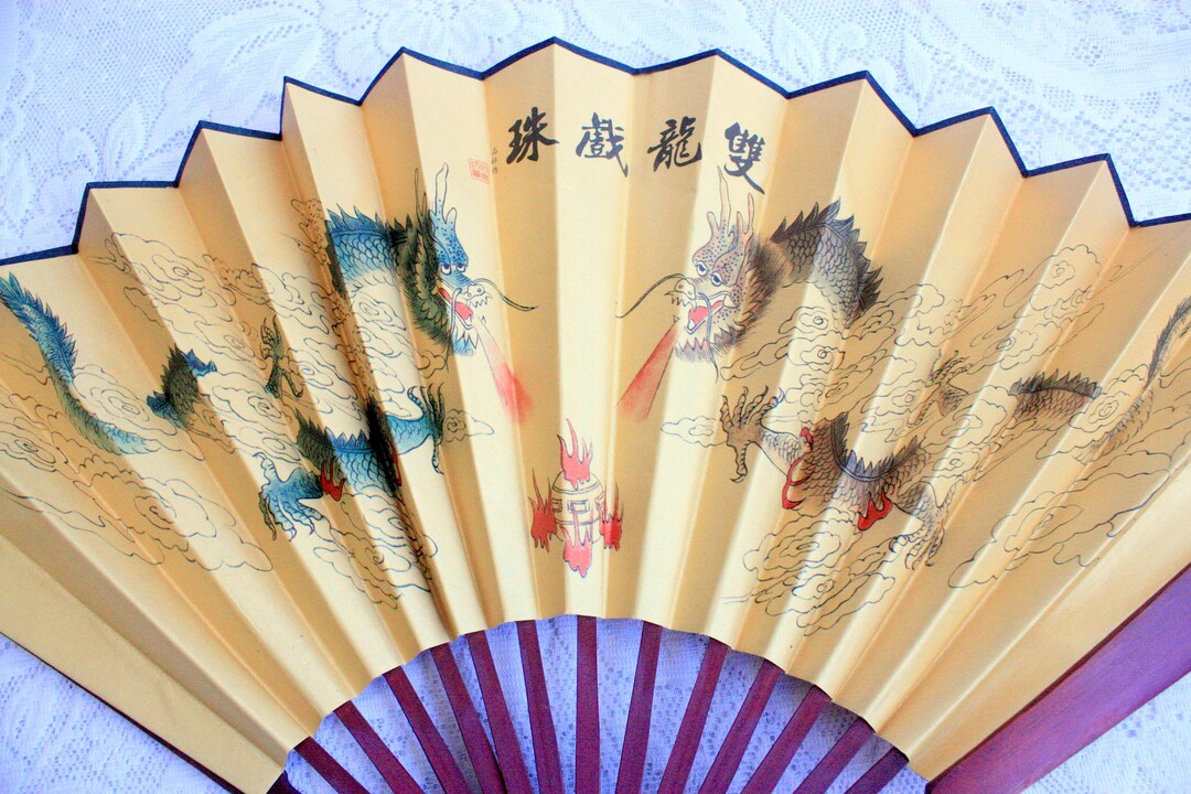 Large Oriental Dragon Fan, Reversible Fan, Wood and Cloth Fan, Oriental ...