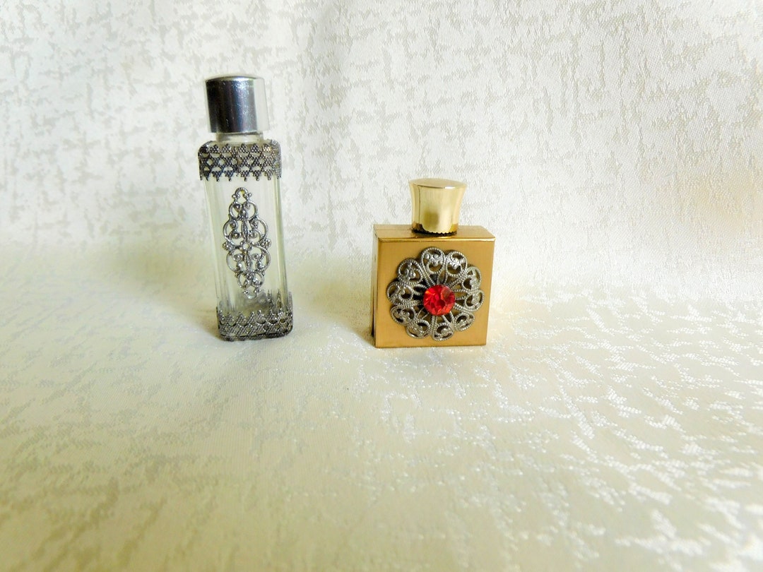 Set of 2 Vintage Mini Perfume Bottle, Enamel Perfume Bottle, Filigree ...