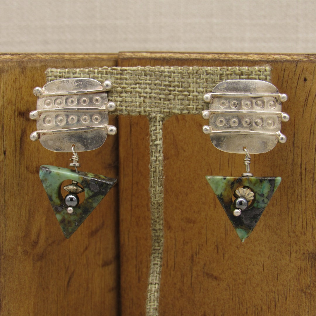Unique Sterling Silver Post Earrings With Green Triangle Dangle + - Etsy