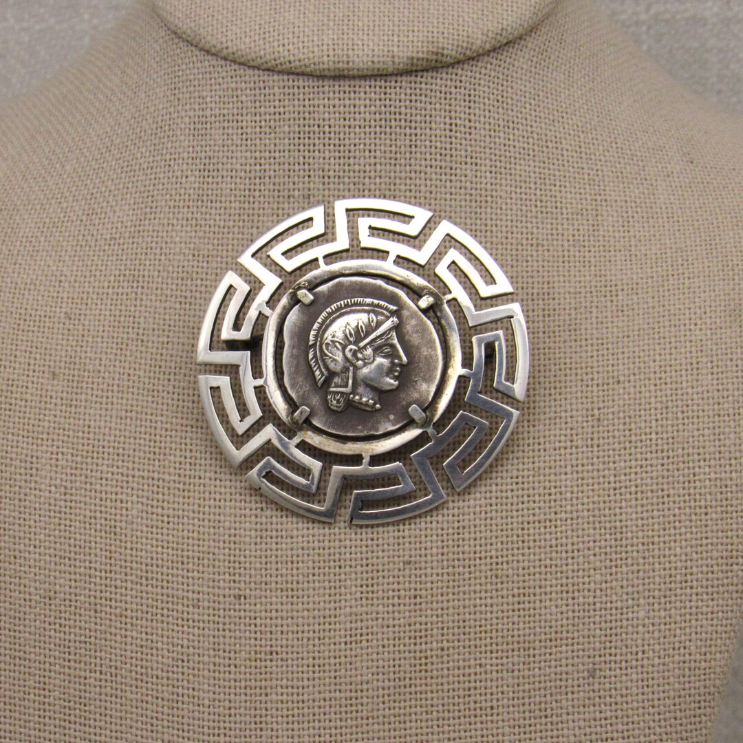 Sterling Silver Round Pin With Greek Key and Warrior Center - Etsy