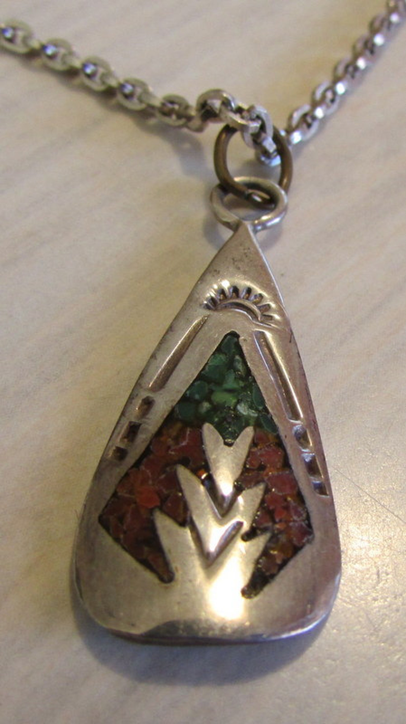 Turquoise and Coral Chip Inlay Sterling Silver Necklace P | Etsy