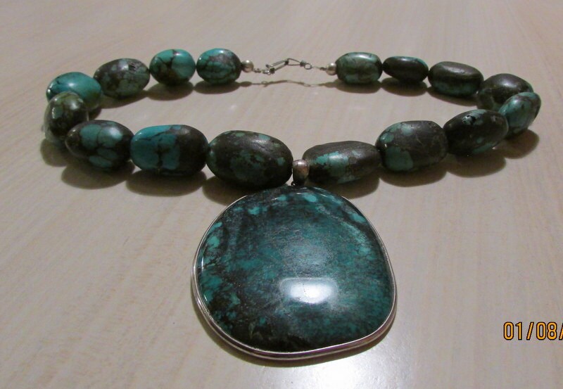 Large Turquoise Pendant and Beads Necklace + - Etsy