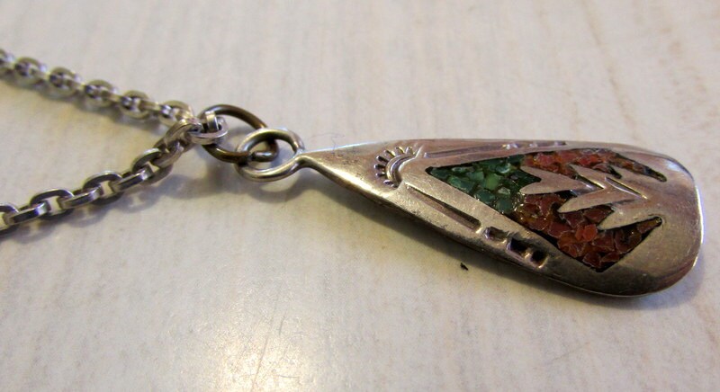 Turquoise and Coral Chip Inlay Sterling Silver Necklace P | Etsy