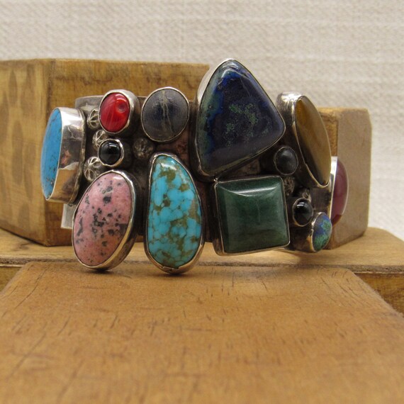 Sterling Silver Bold Multi Stone Cuff Bracelet + - Gem