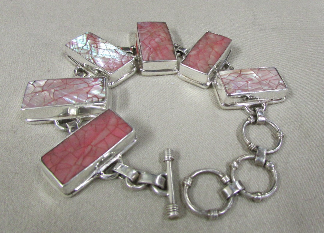 Sterling Silver Pink Shell Mosaic Link Bracelet - Etsy