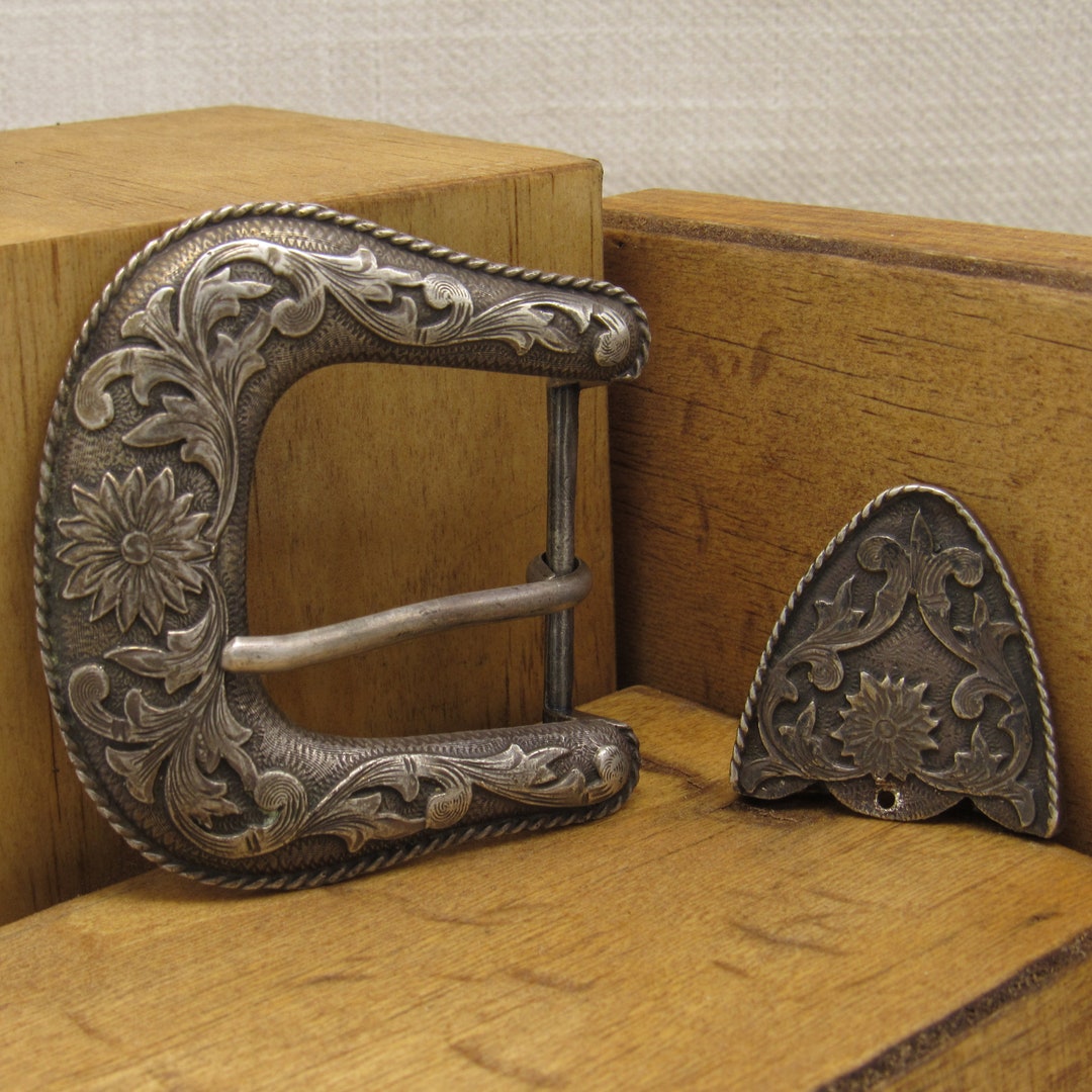 Large Sterling Silver Floral Design Buckle Set Stamped S.fe + - Etsy