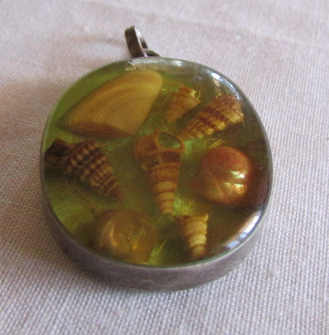 Sterling Silver Pendant With Shells Embedded in Lucite + - Etsy