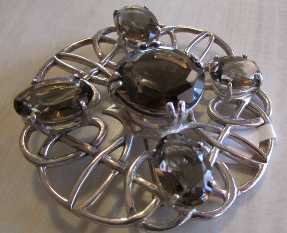 Large Sterlilng Silver Celtic Brooch with Faceted Qua… - Gem
