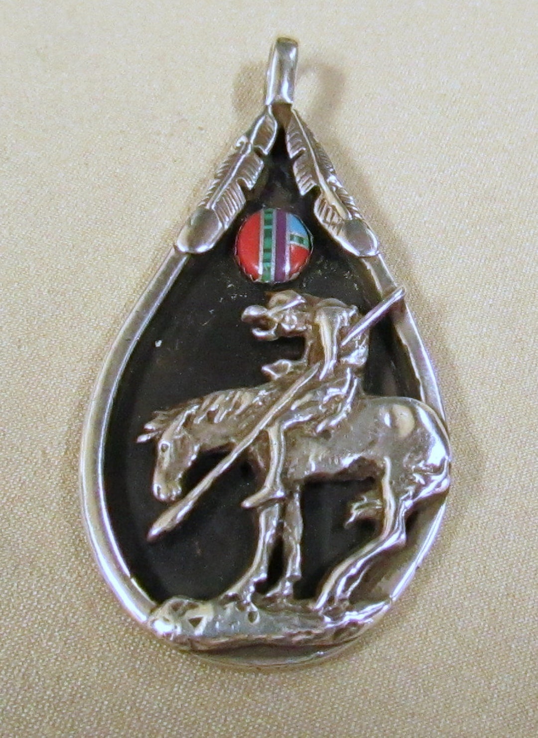Large Sterling Silver End Of The Trail Pendant With Colorful Cab Etsy