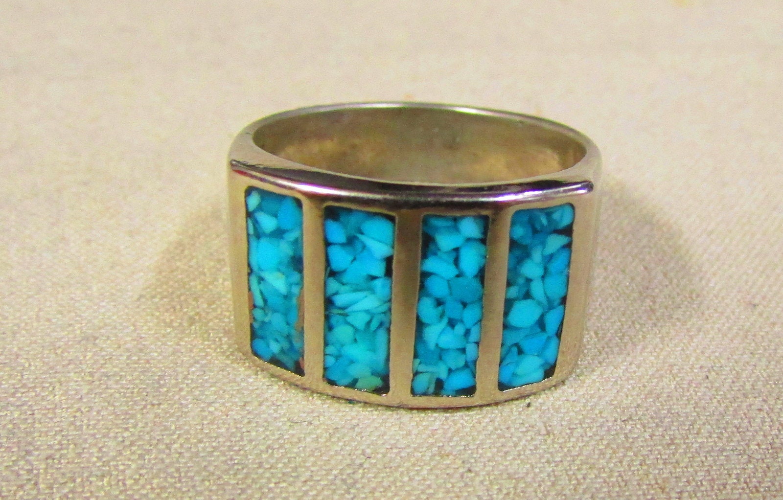 Turquoise Chip Inlay Silver Tone Ring Size 8 3/4 - Etsy UK