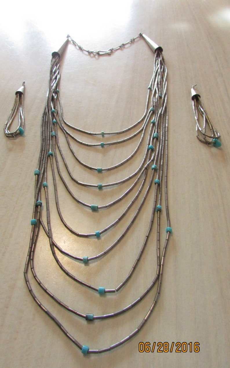 10 Strand Liquid Silver and Turquoise Waterfall Necklace + - Etsy